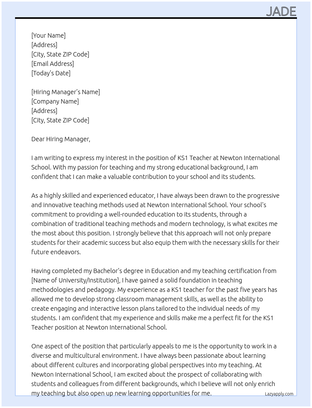 Cover letter for ks1 teacher - LazyApply