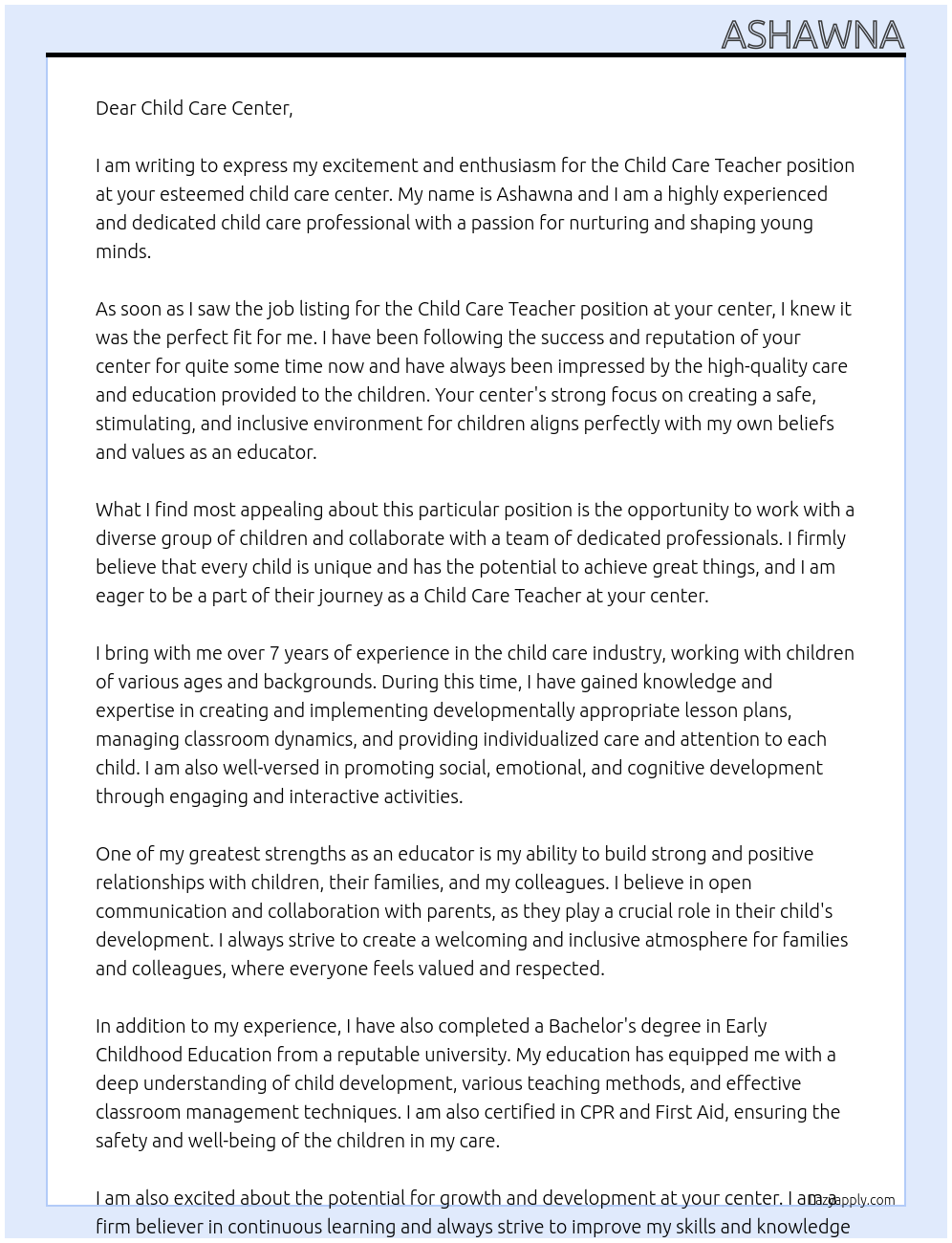 Cover letter for child care teacher - LazyApply