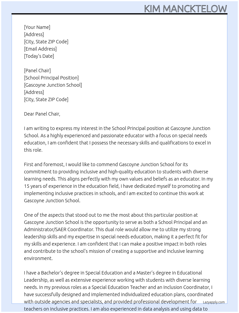 Cover letter for school principal - LazyApply