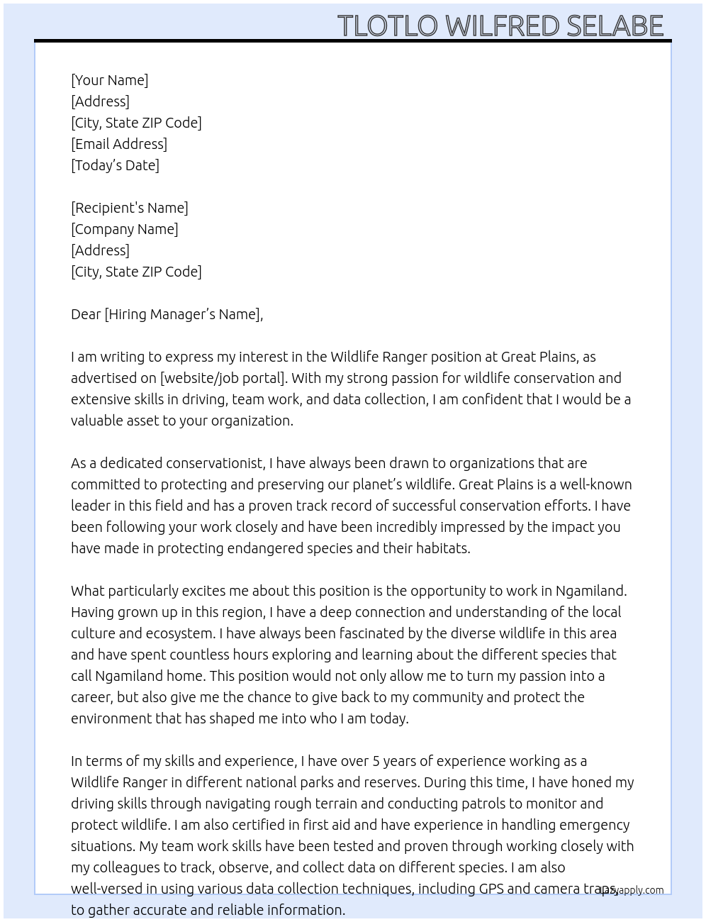 Cover letter for wildlife ranger - LazyApply