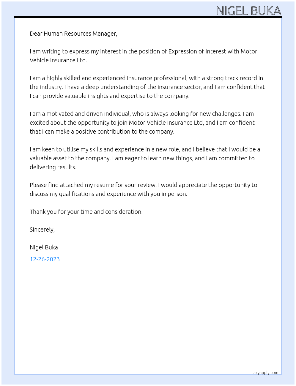Cover letter for expression of interest - LazyApply