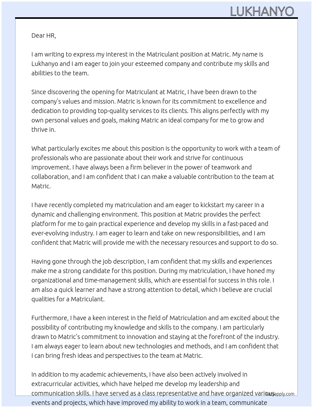 Cover letter for matriculant - LazyApply