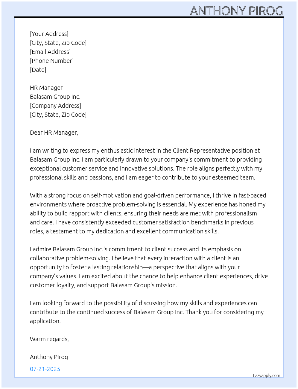 Cover letter for client representative - LazyApply