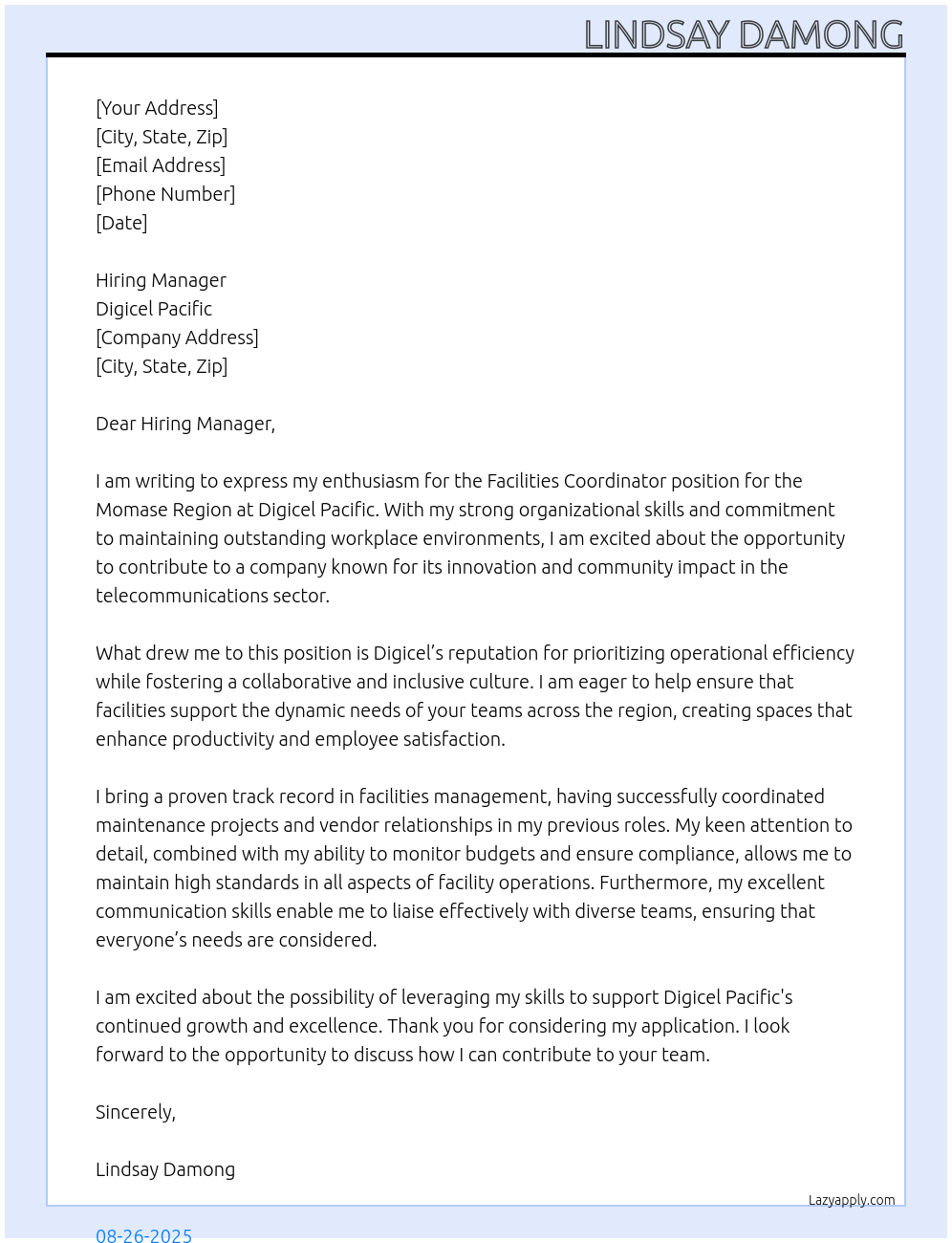 Cover letter for facilities coordinator - momase region - LazyApply