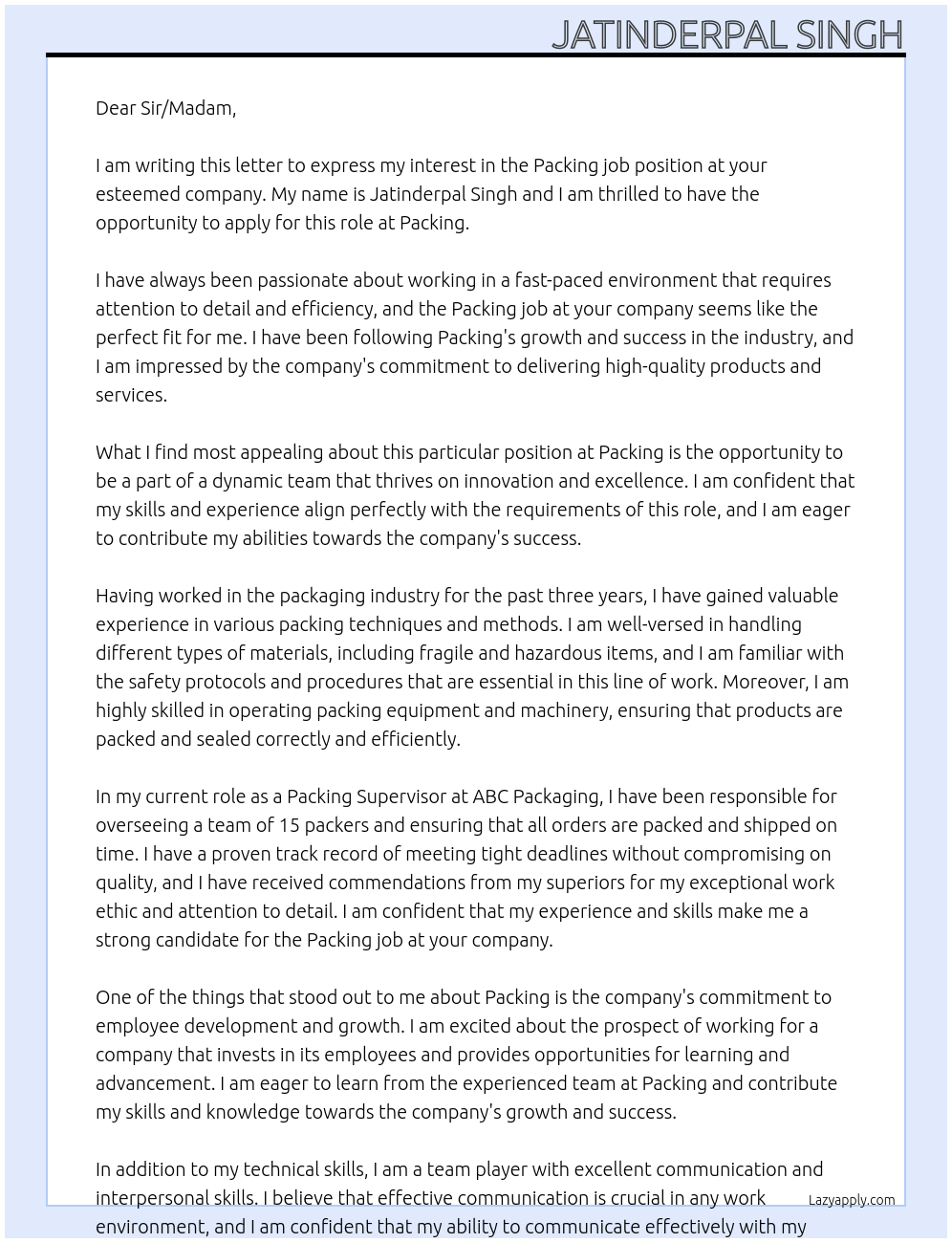 Cover letter for packing job. - LazyApply