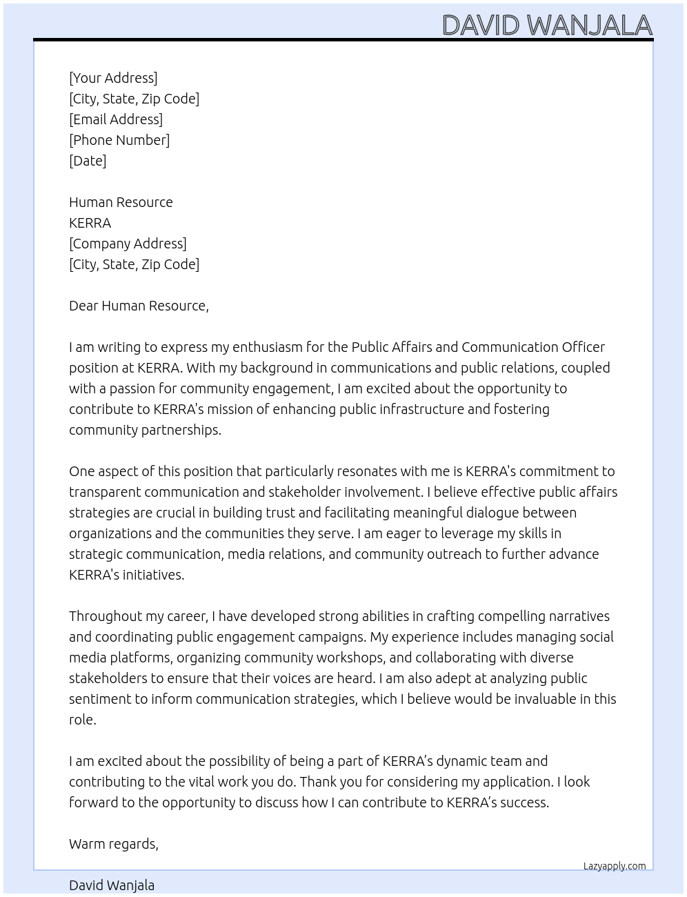 Cover letter for public affairs and communication officer - LazyApply