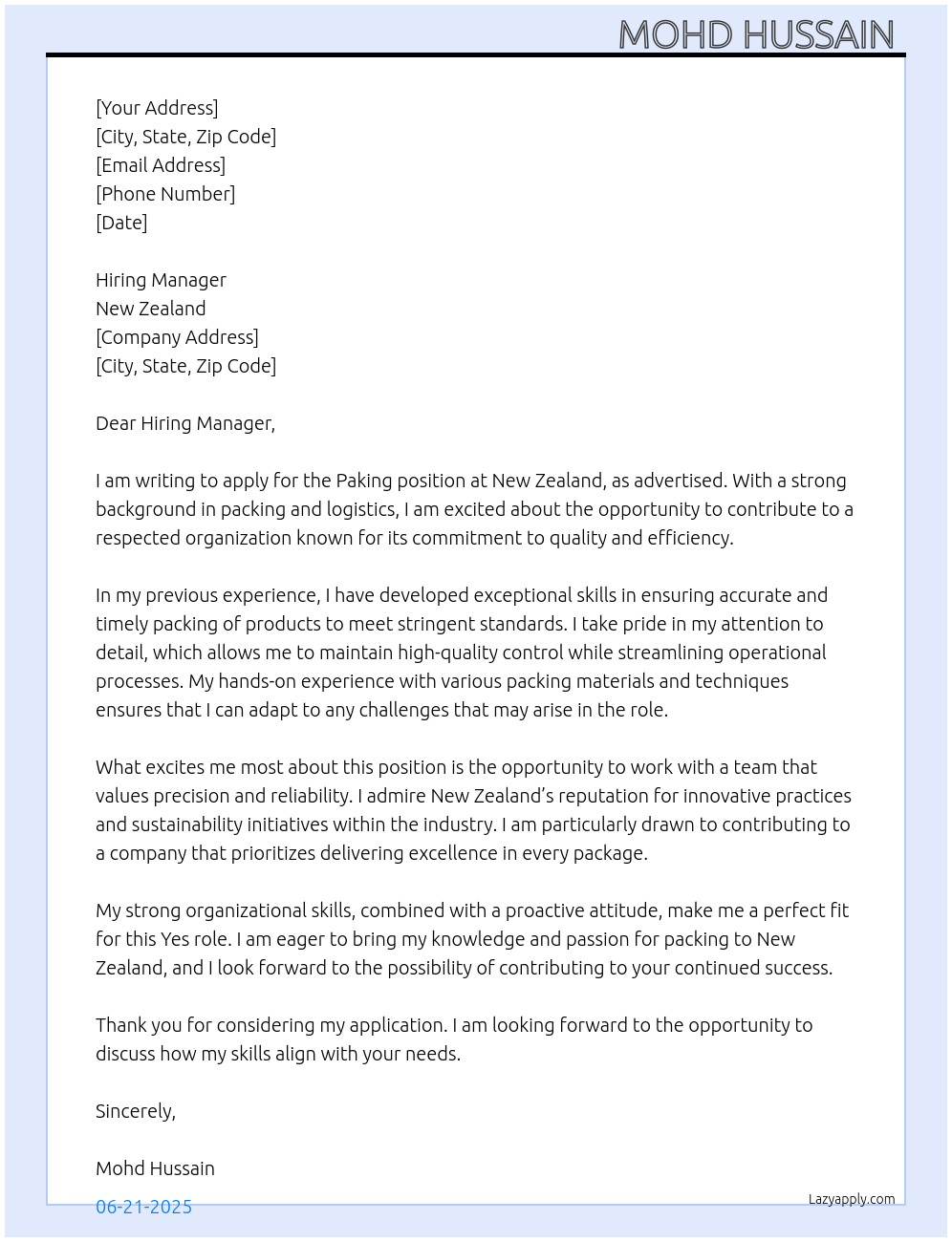 Cover letter for paking - LazyApply