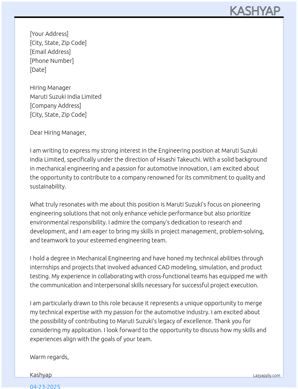 Cover letter for engeneering - LazyApply