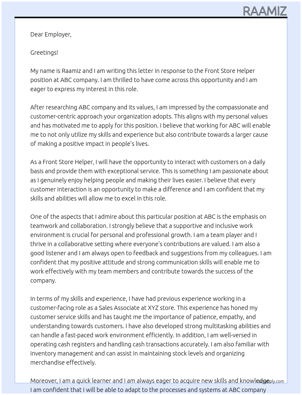 Cover letter for front store helper - LazyApply