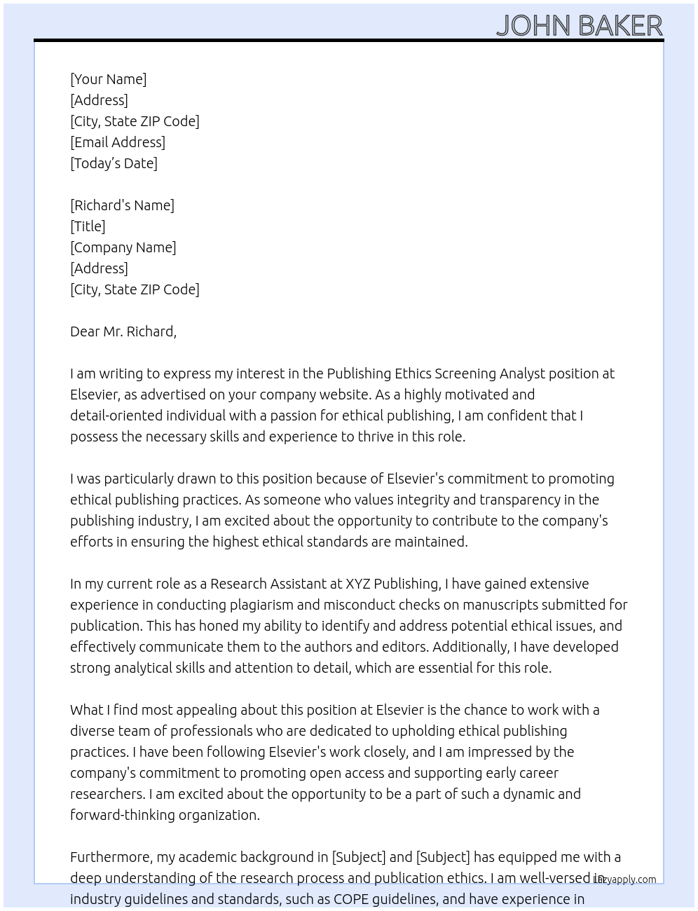 Cover letter for publishing ethics screening analyst - LazyApply