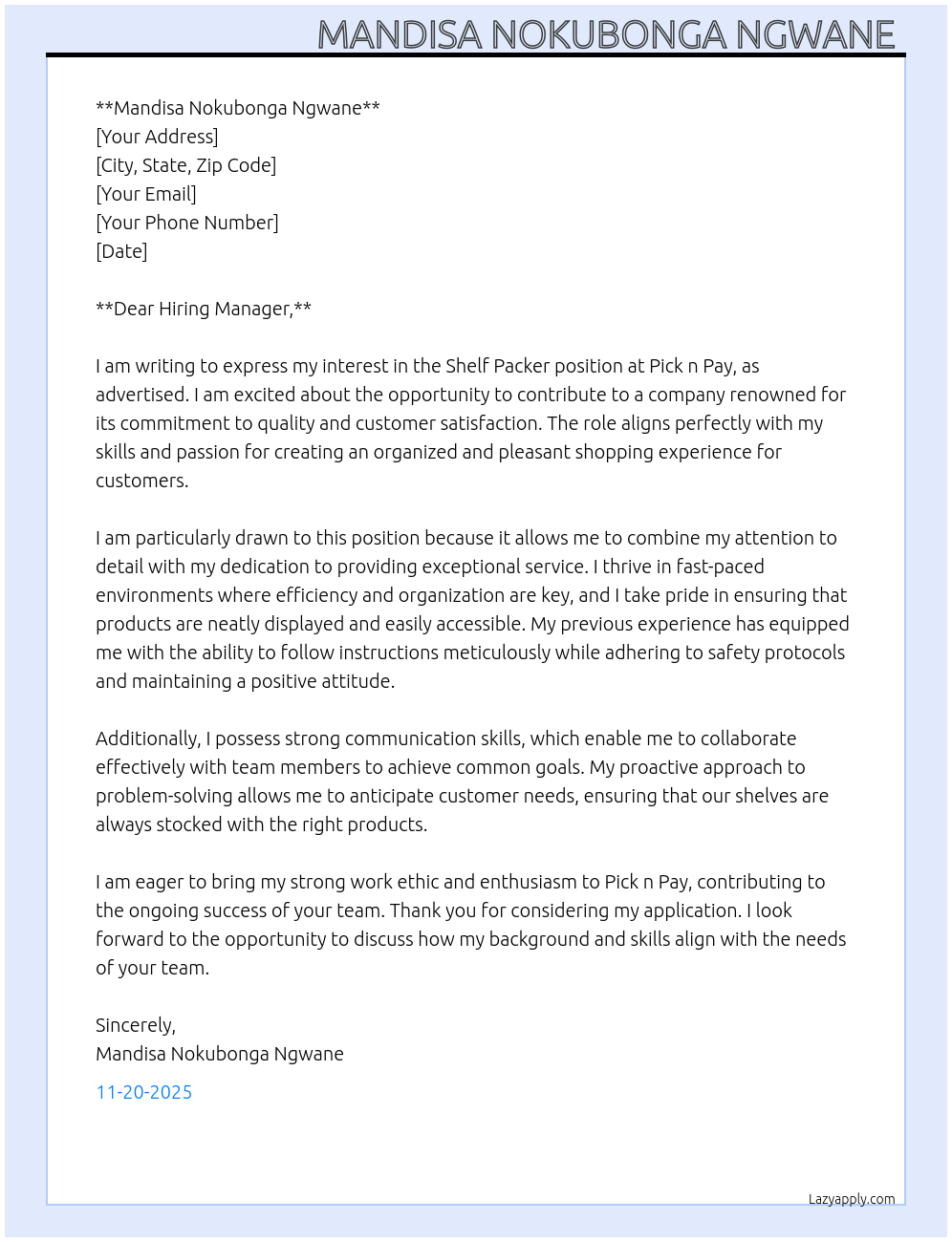Cover letter for shelf packer - LazyApply
