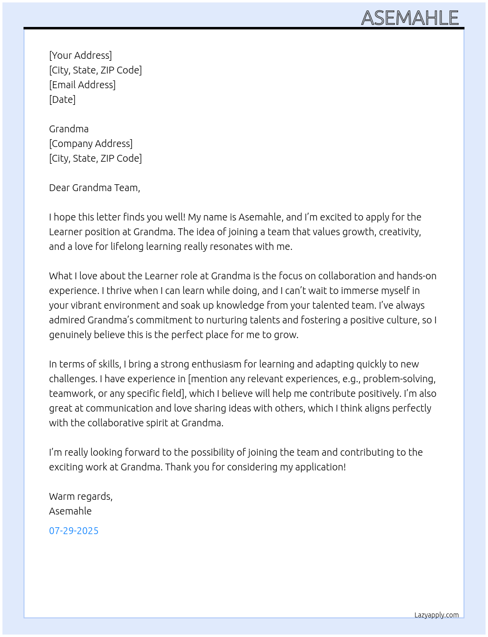 Cover letter for learner - LazyApply