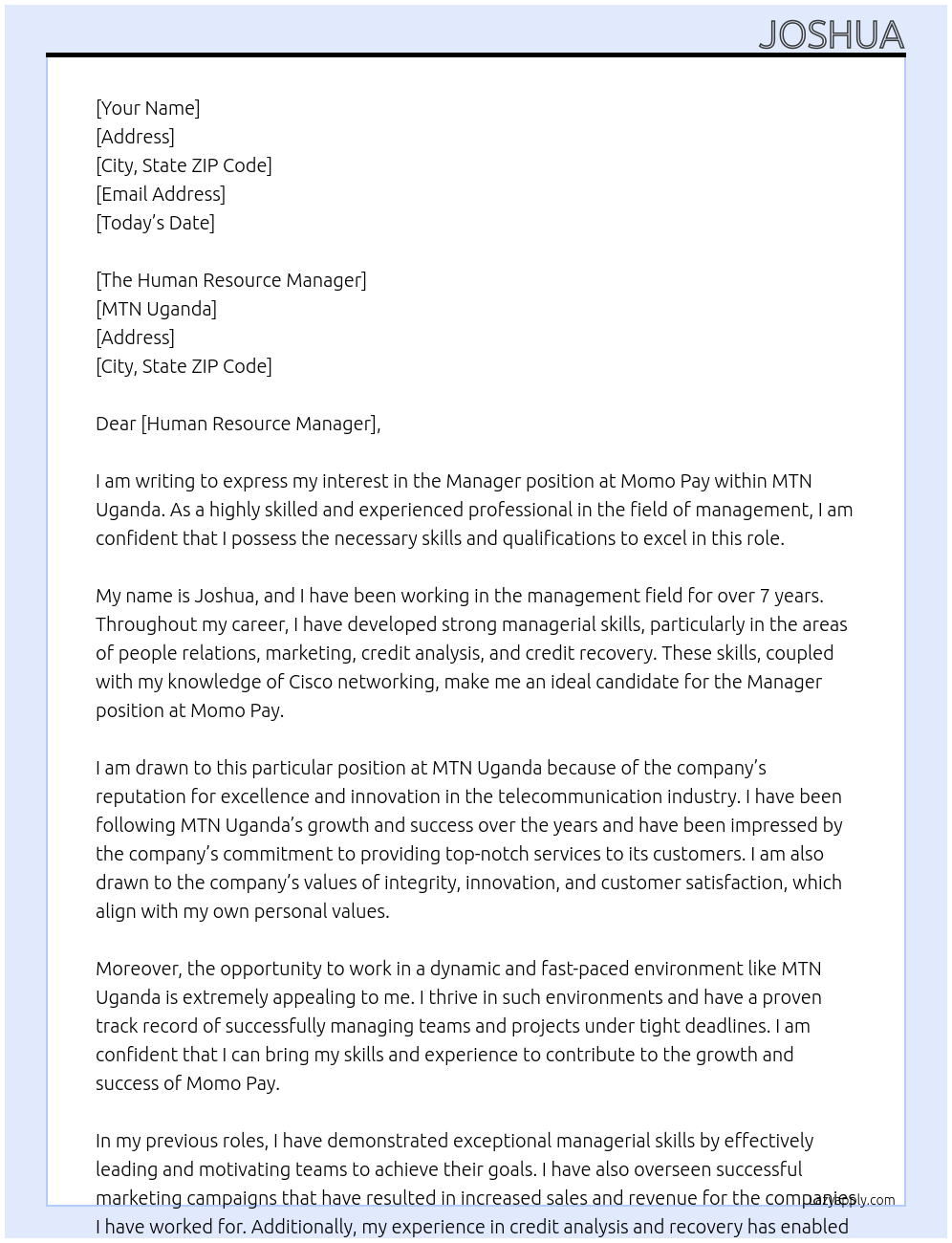 Cover letter for manager - momo pay - LazyApply