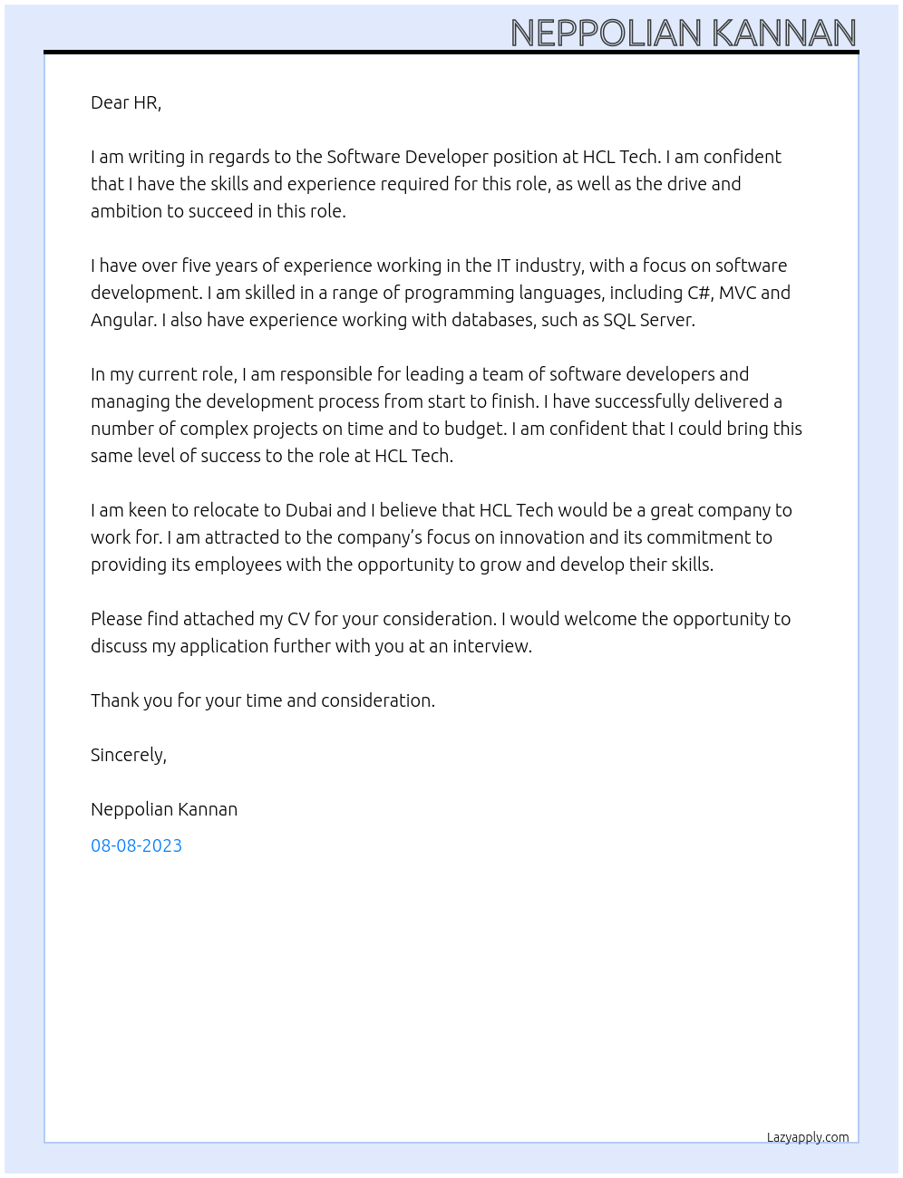 Cover letter for hcl tech - LazyApply