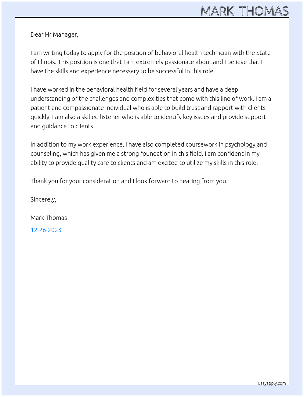 Cover letter for behavioral health technician - LazyApply