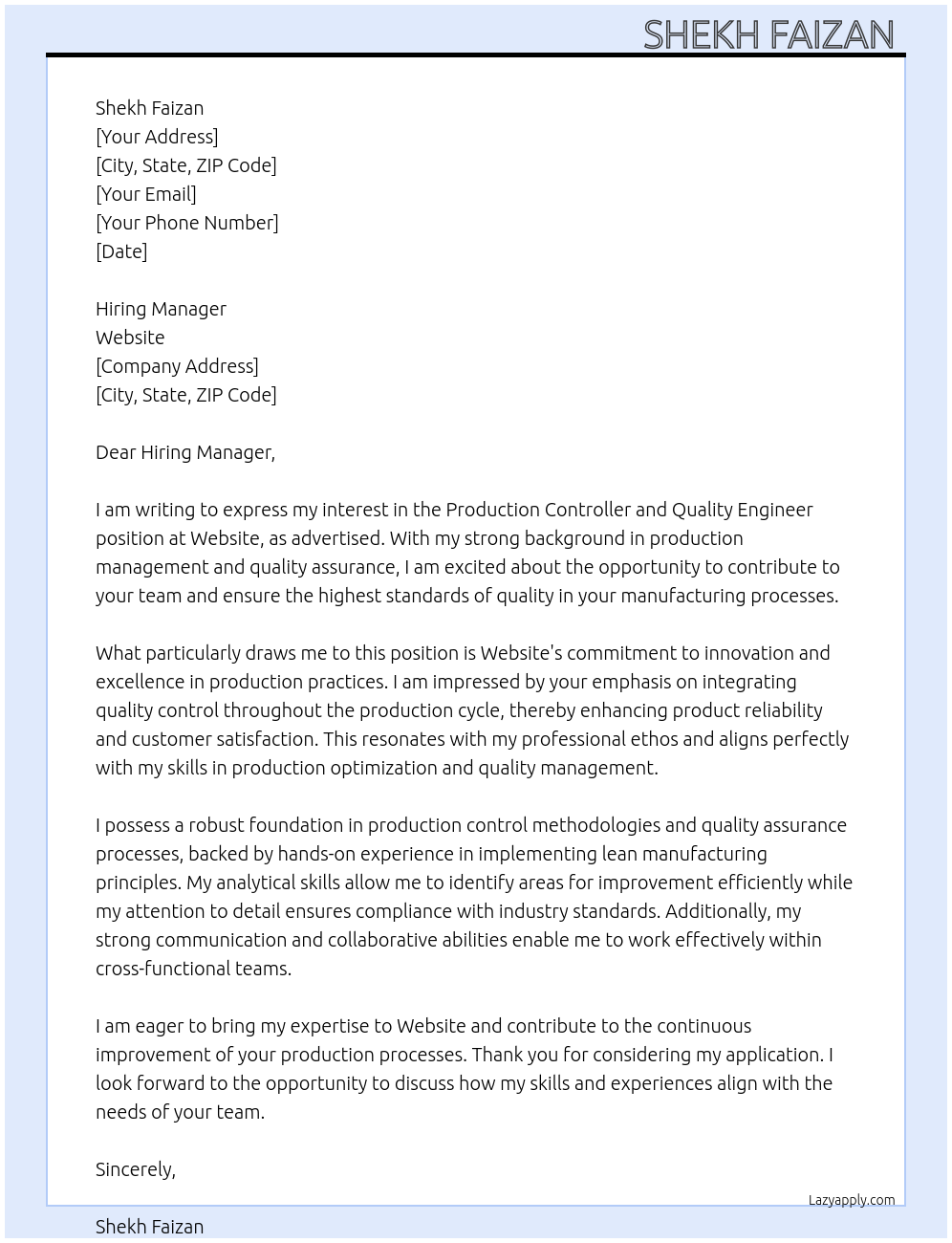 Cover letter for production controller and quality engineer - LazyApply