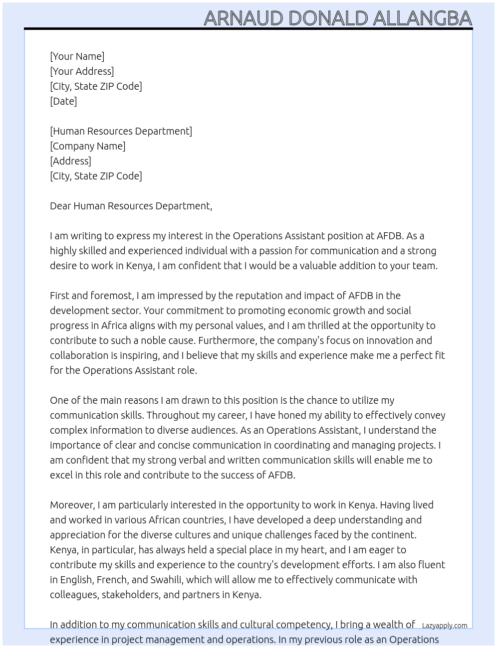 Cover letter for operations assistant - LazyApply