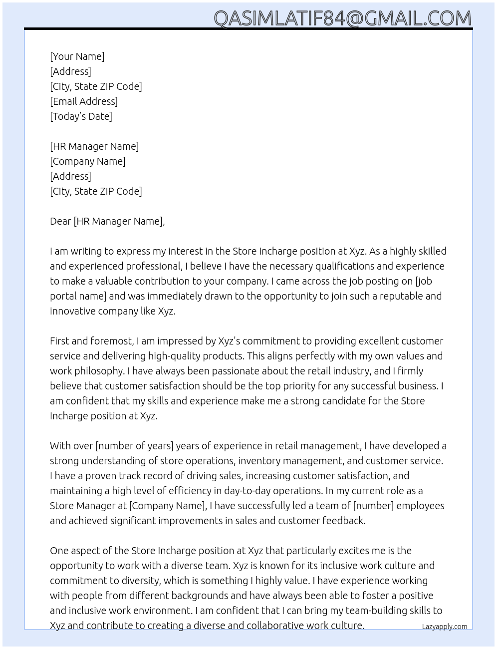 Cover letter for store incharge - LazyApply