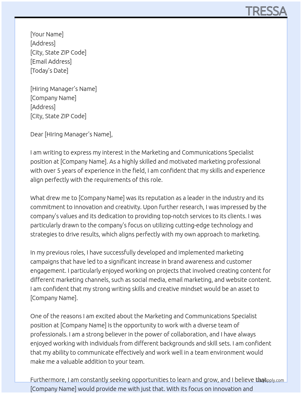 Cover letter for marketing and communications specialist - LazyApply