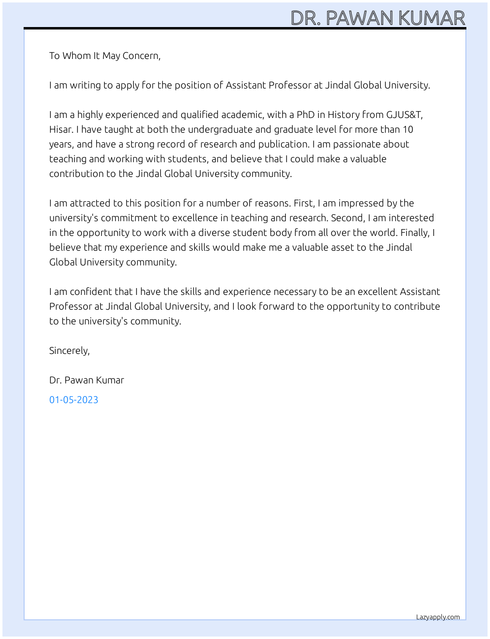 Cover Letter For Assistant Professor LazyApply