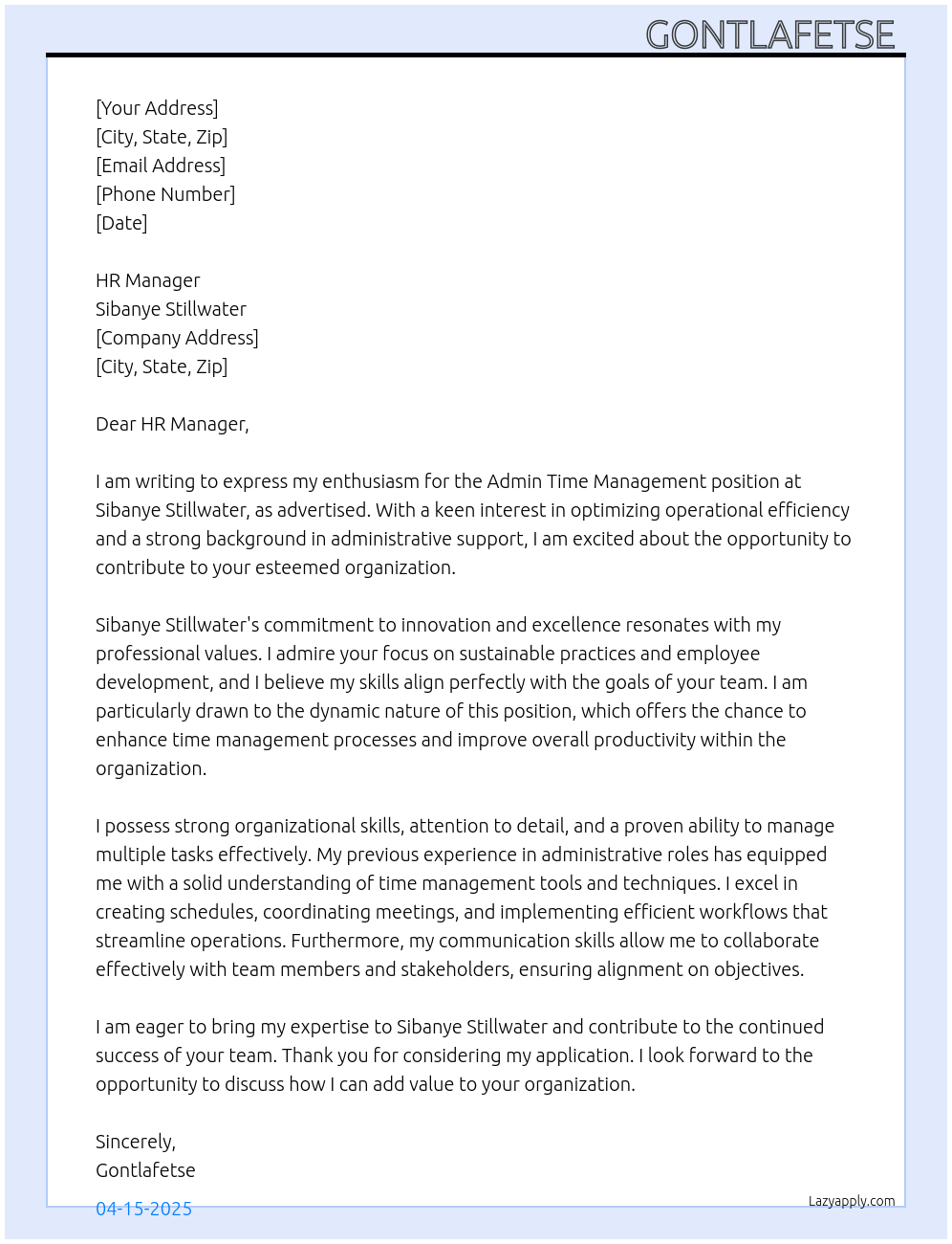 Cover letter for admin time management - LazyApply