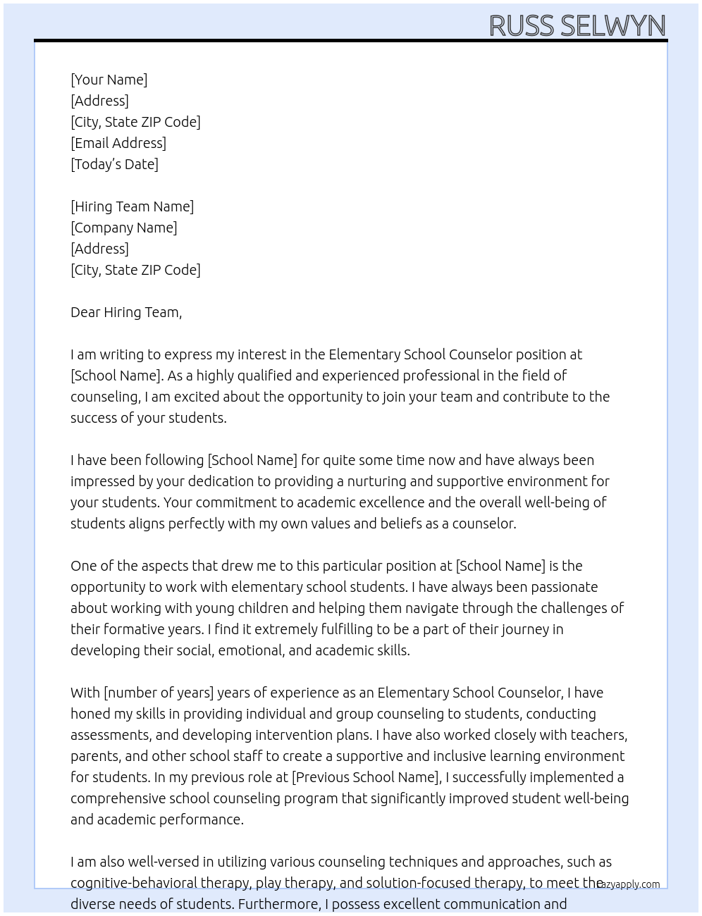 Cover letter for elementary school counselor - LazyApply
