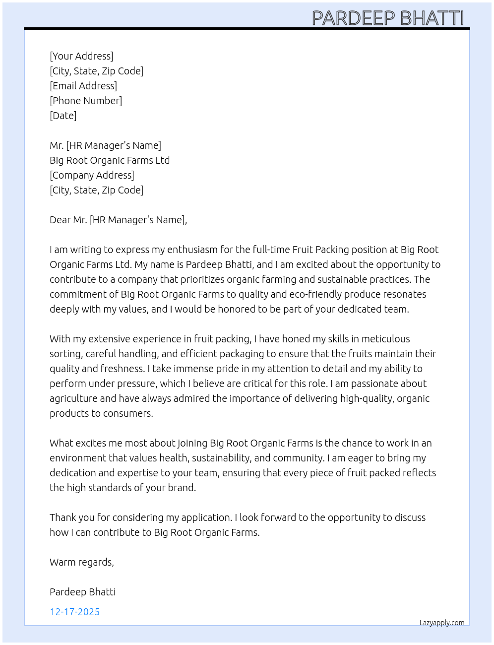 Cover letter for fruit packing - LazyApply