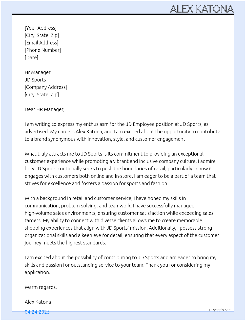 Cover letter for jd employee - LazyApply