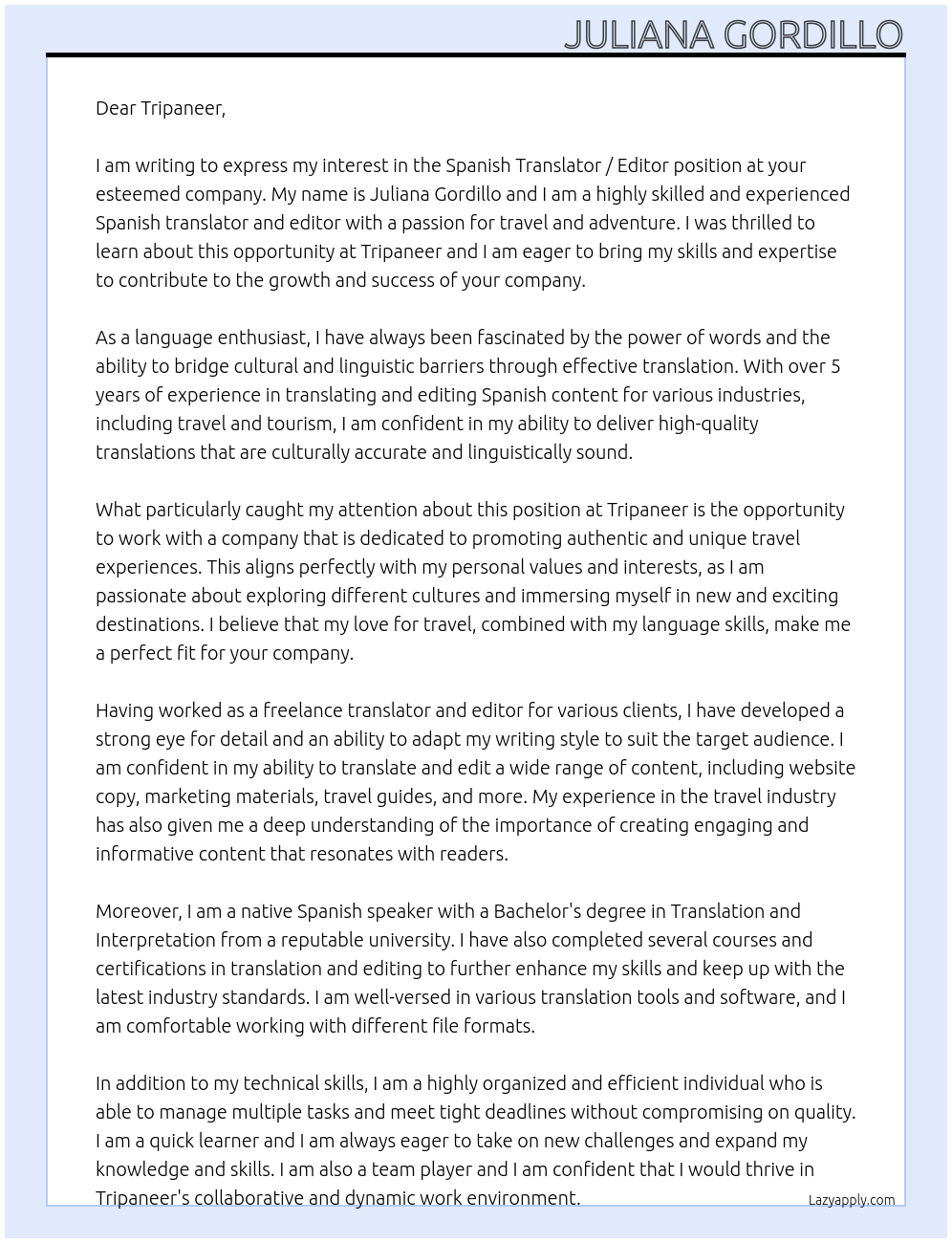 Cover letter for tripaneer - LazyApply
