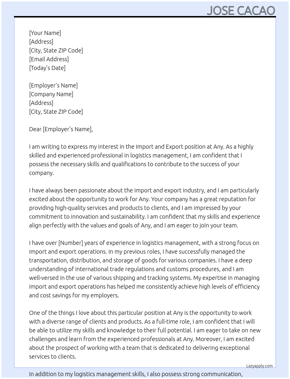 Cover letter for import and export - LazyApply