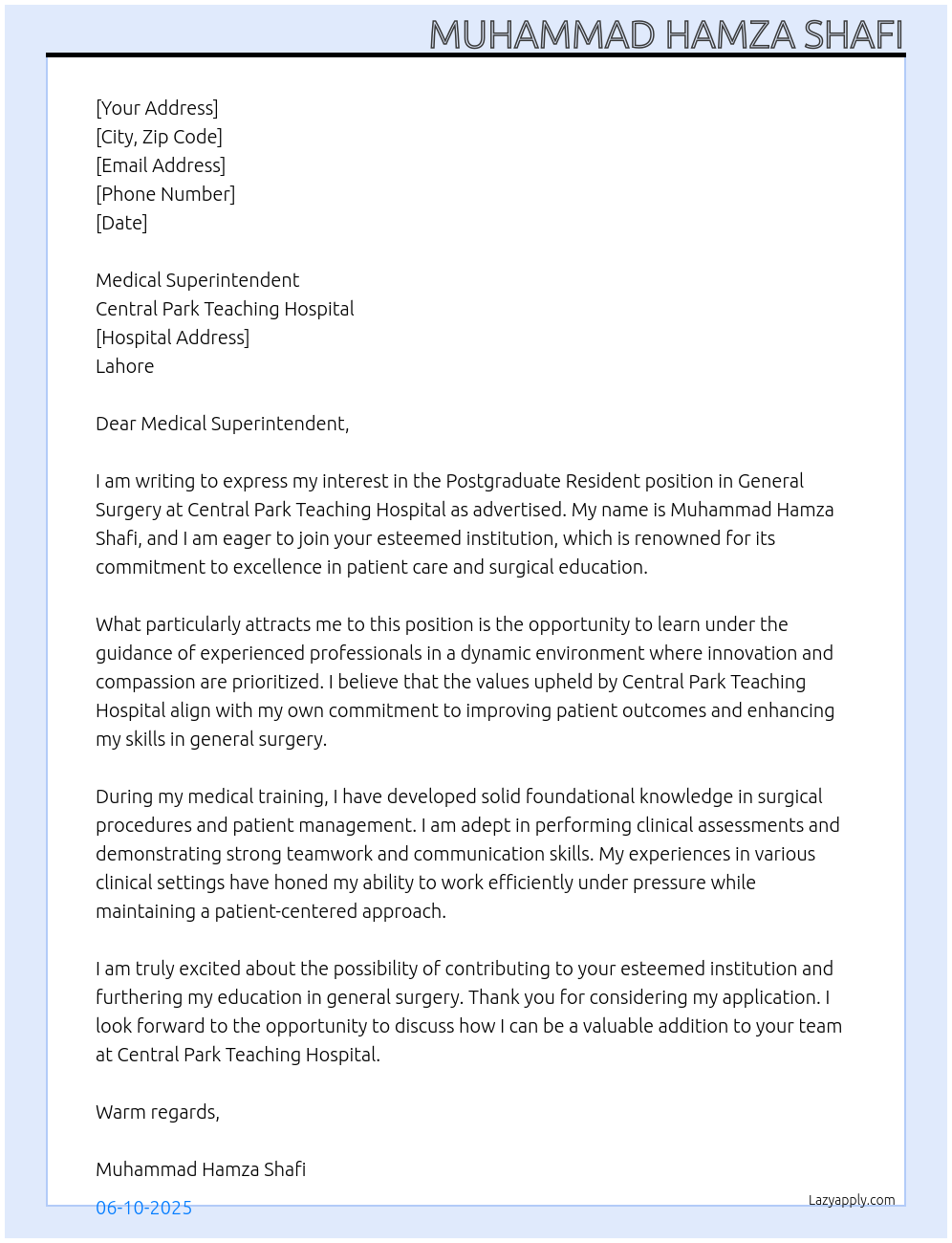 Cover letter for postgraduate resident in general surgery - LazyApply