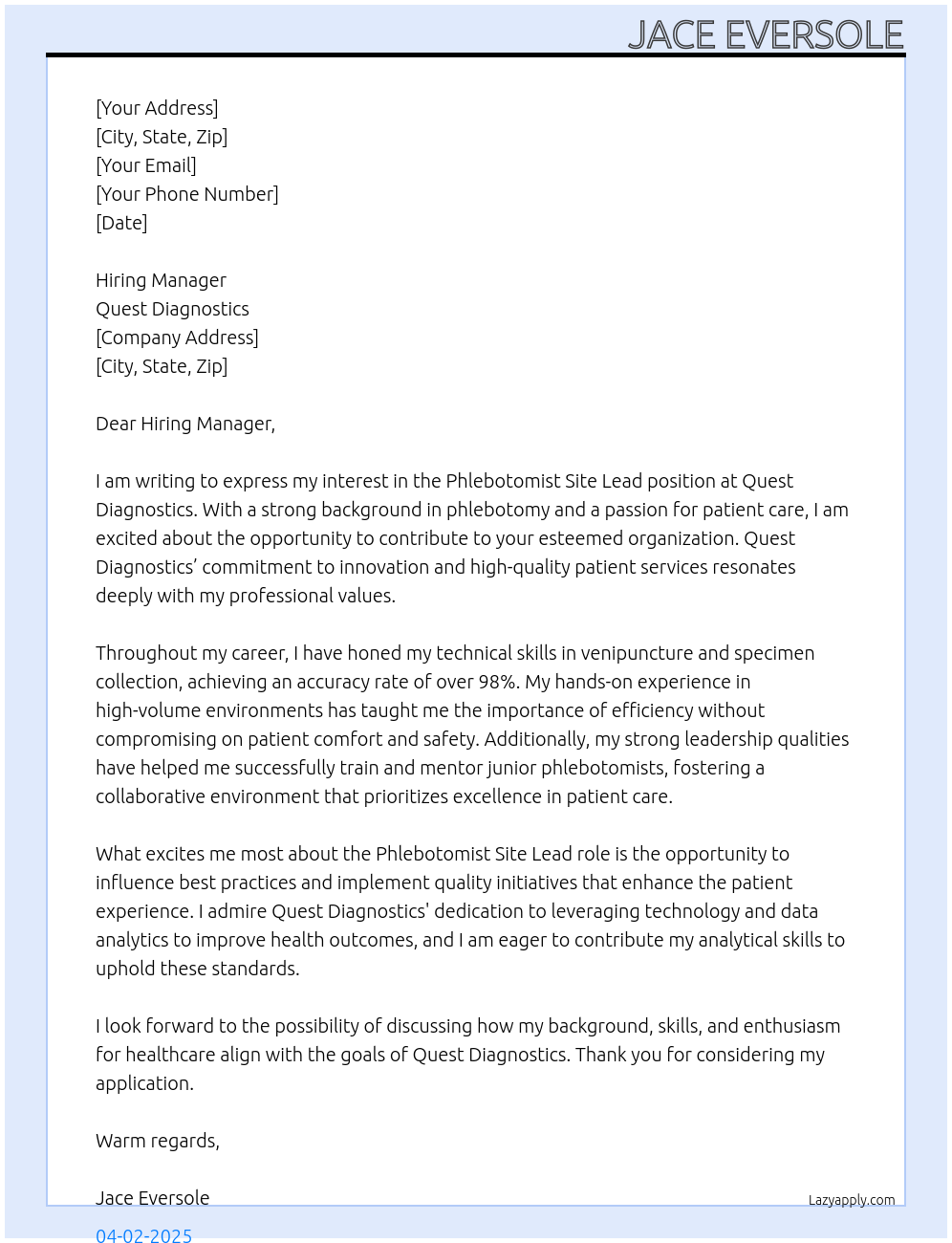 Cover letter for phlebotomist site lead - LazyApply