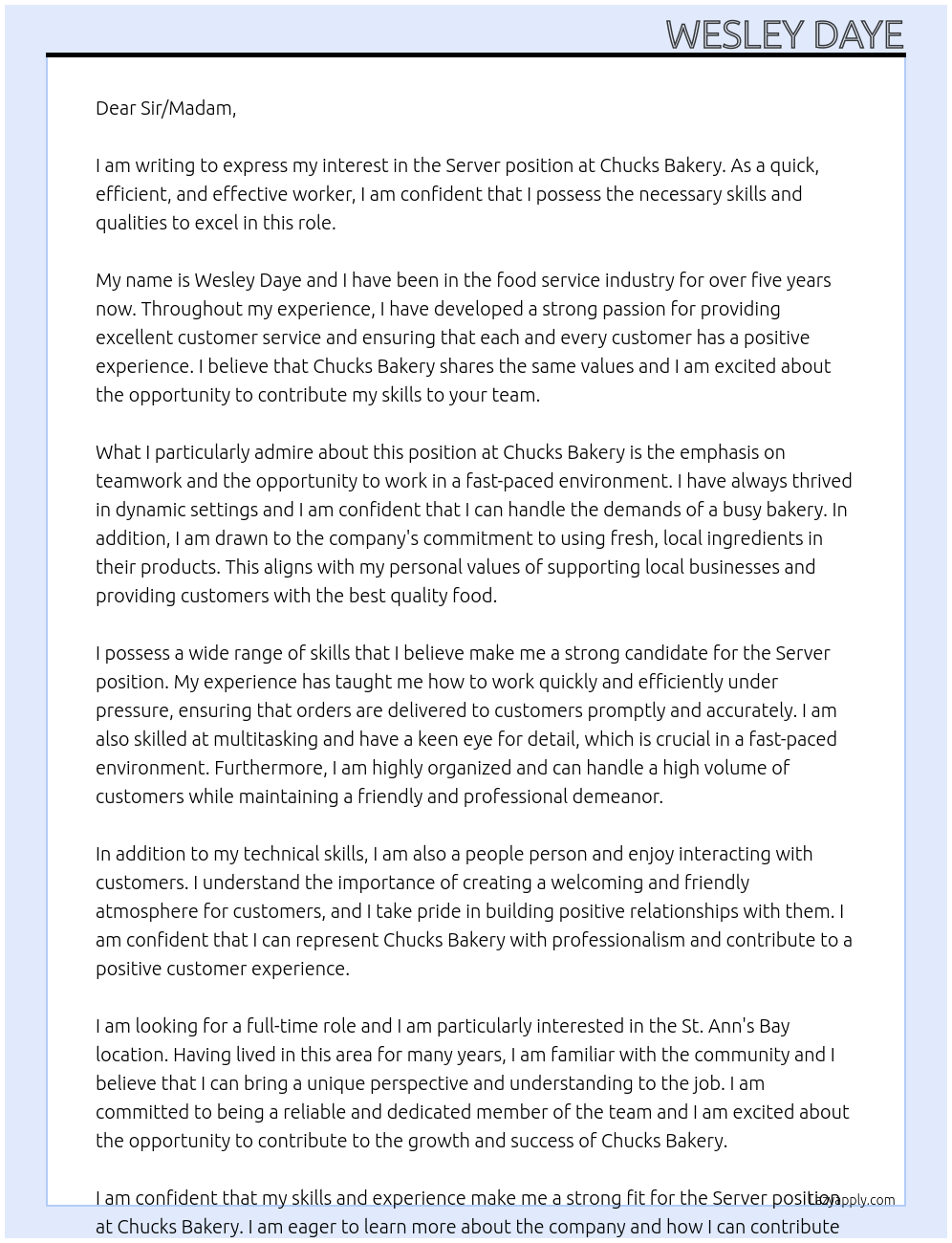 Cover letter for server position - LazyApply