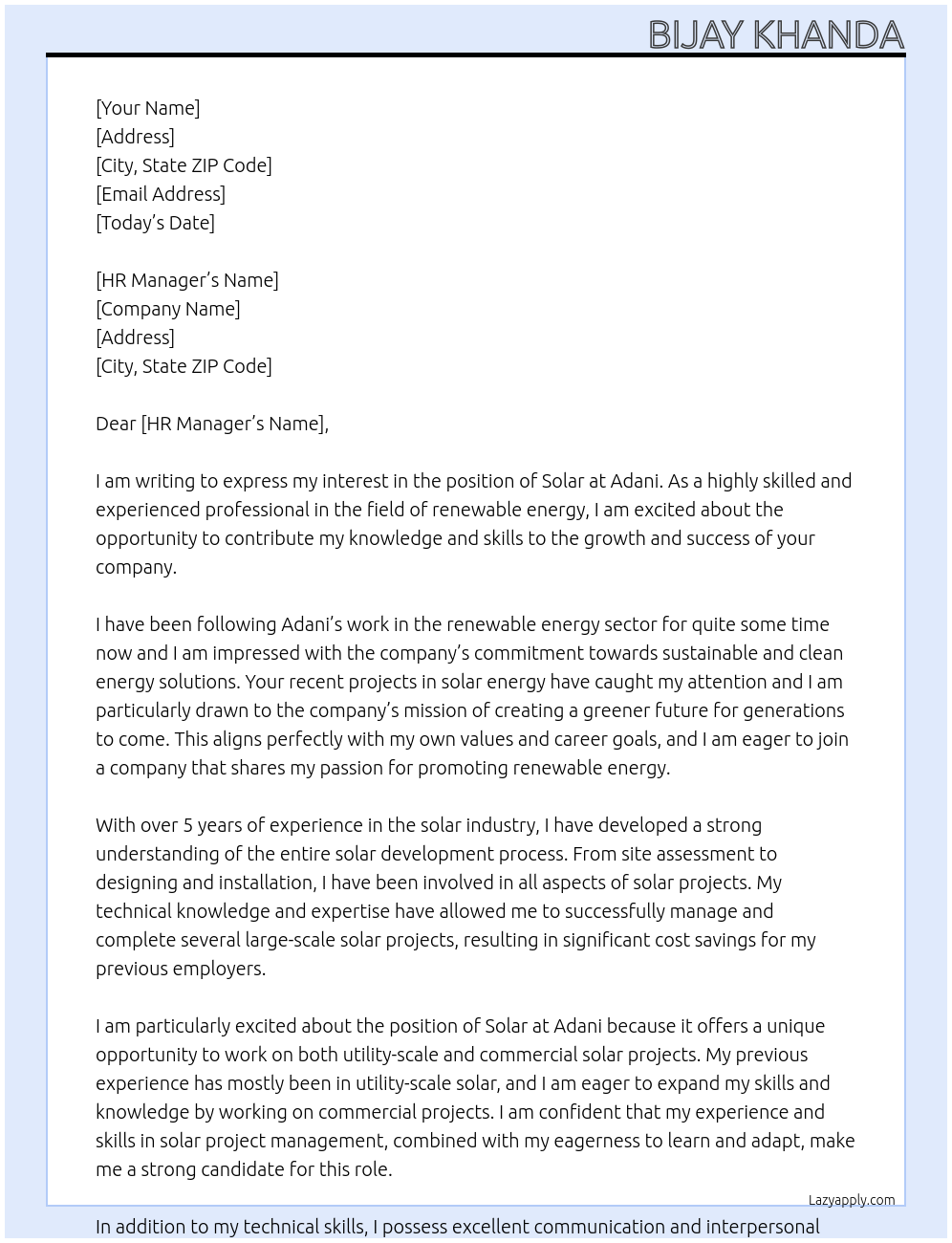 Cover letter for solar - LazyApply