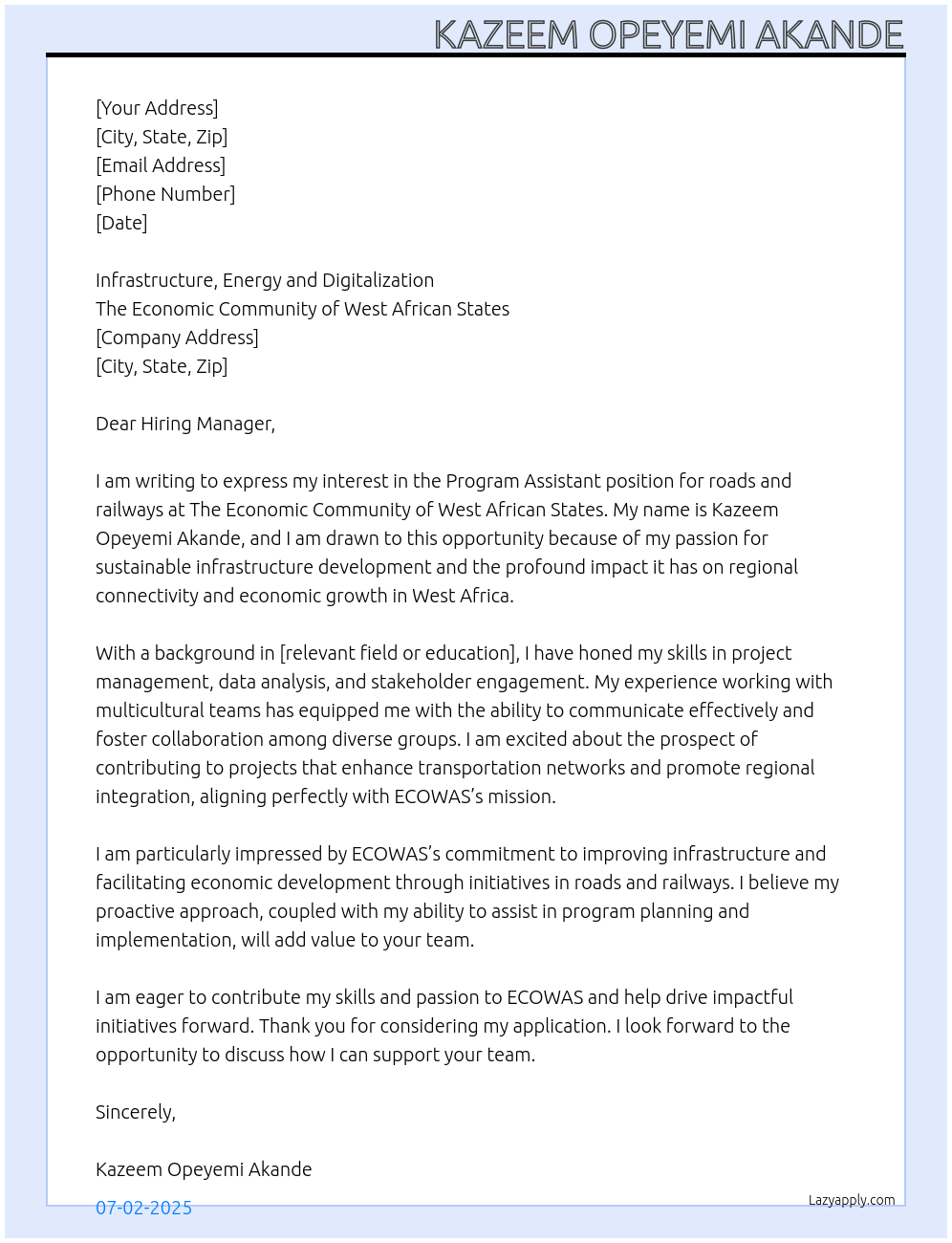 Cover letter for program assistant, roads and railways - LazyApply