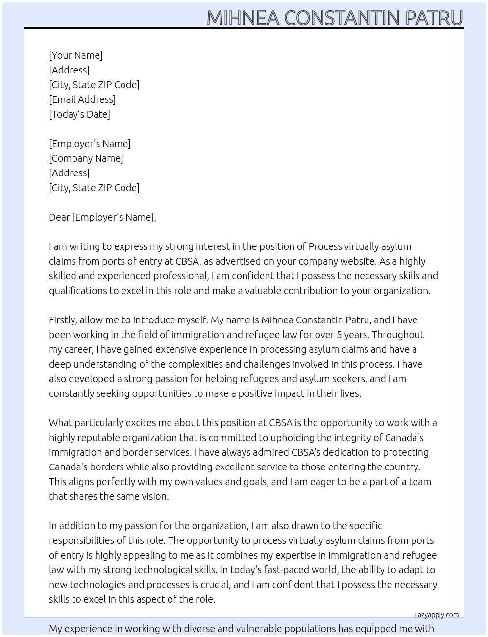 Cover letter for process virtually asylum claims from ports of entry ...