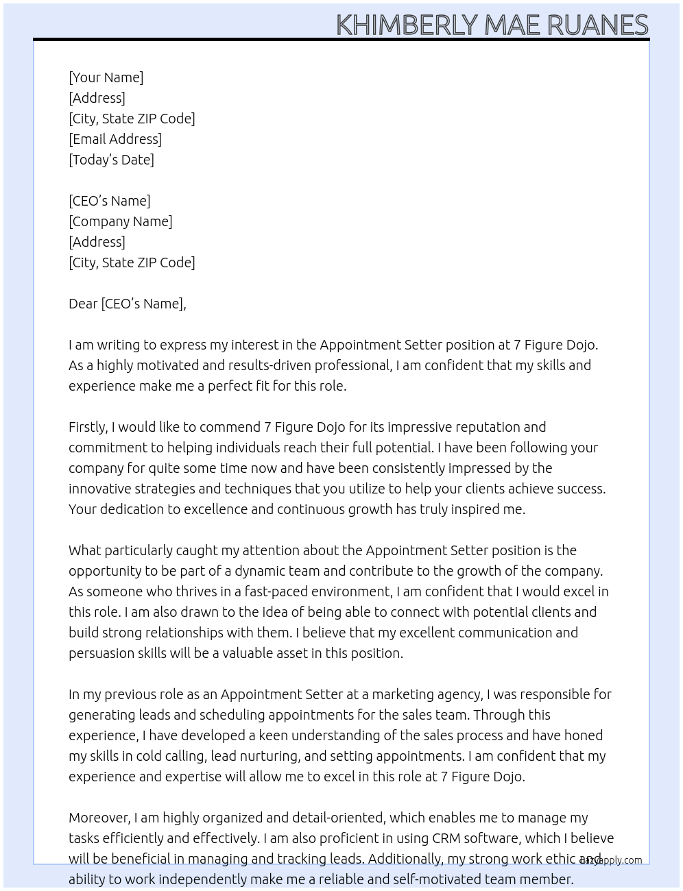 Cover letter for appointment setter - LazyApply