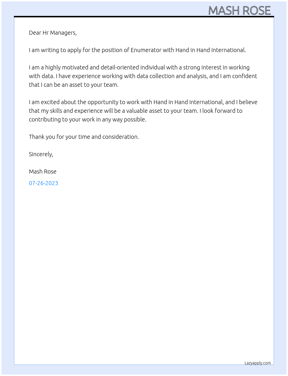 Cover letter for enumerator - LazyApply