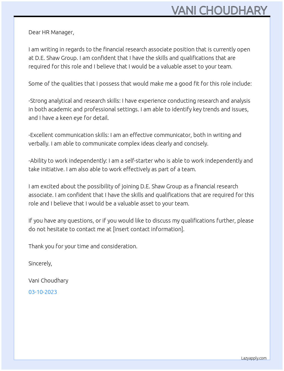 Cover letter for financial research associate - LazyApply