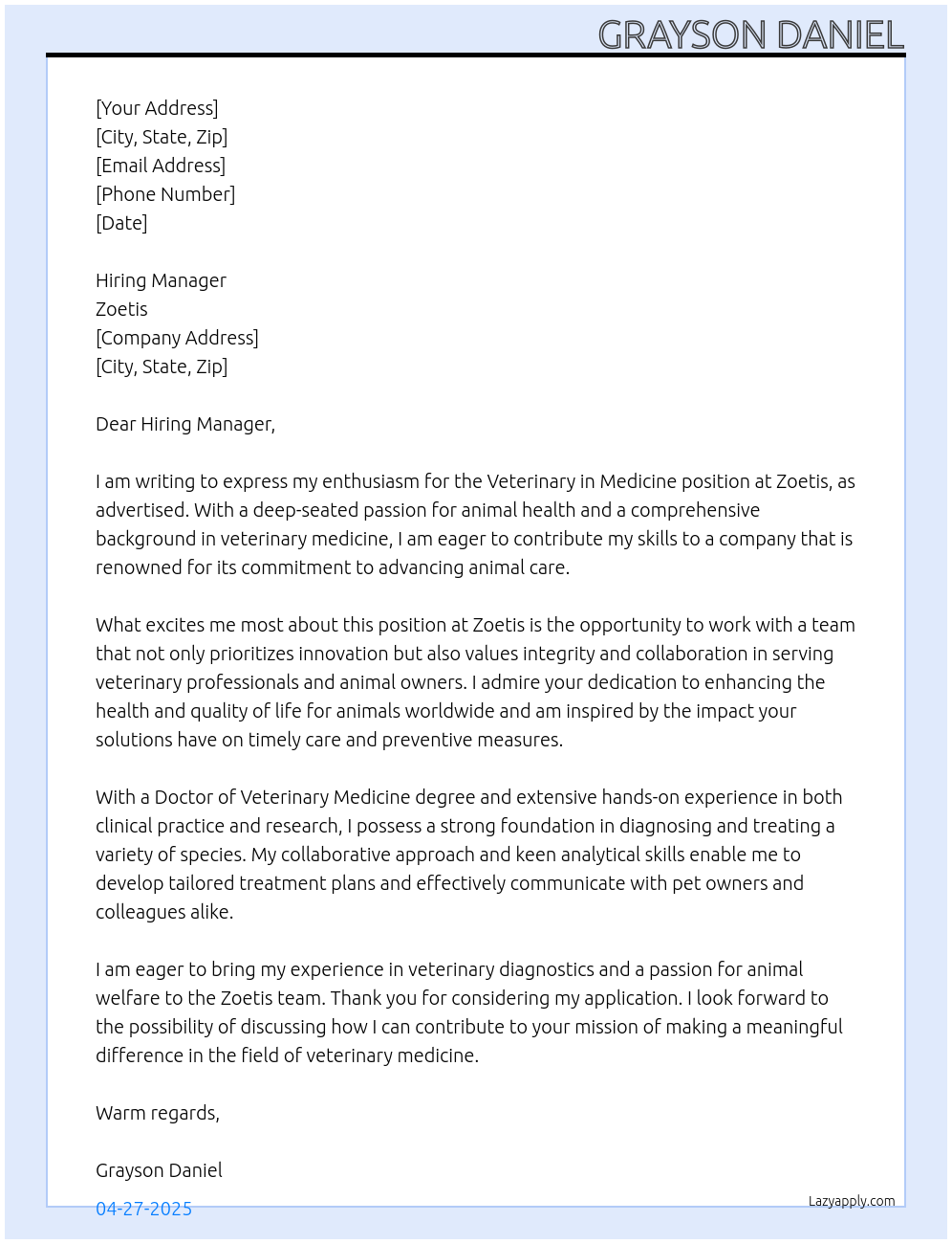 Cover letter for veterinary in medicine - LazyApply