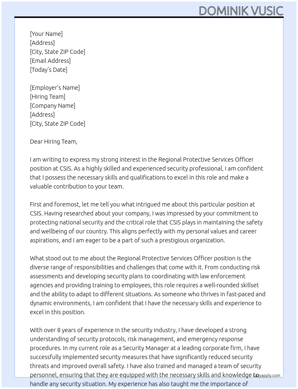Cover letter for regional protective services officer - LazyApply
