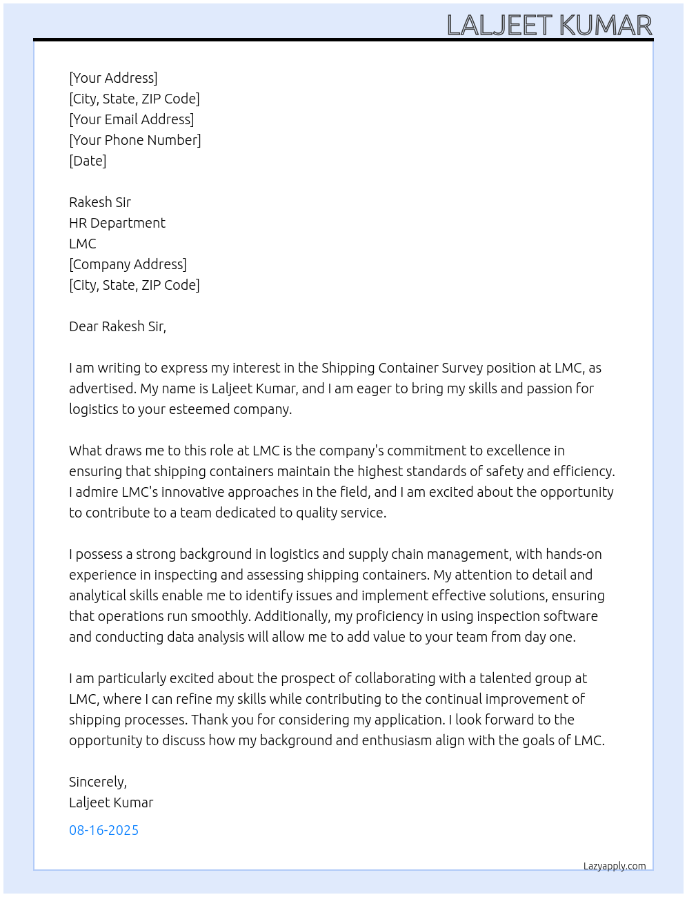 Cover letter for shipping container survey - LazyApply