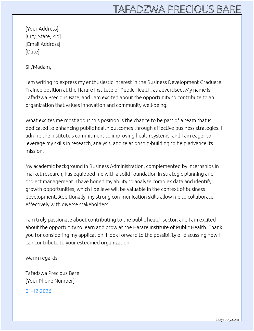 Cover letter for business development graduate trainee - LazyApply