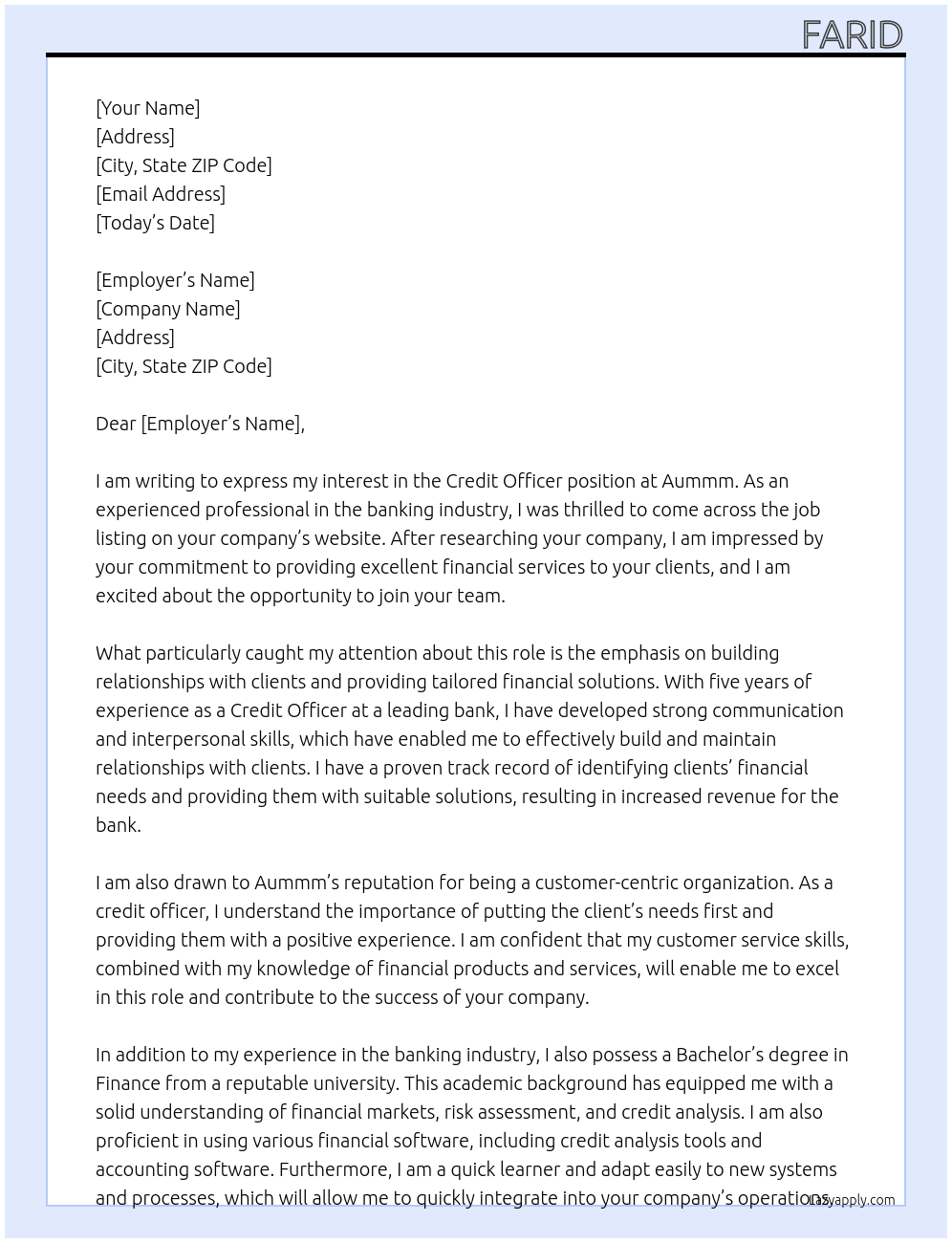 Cover letter for credit officer - LazyApply