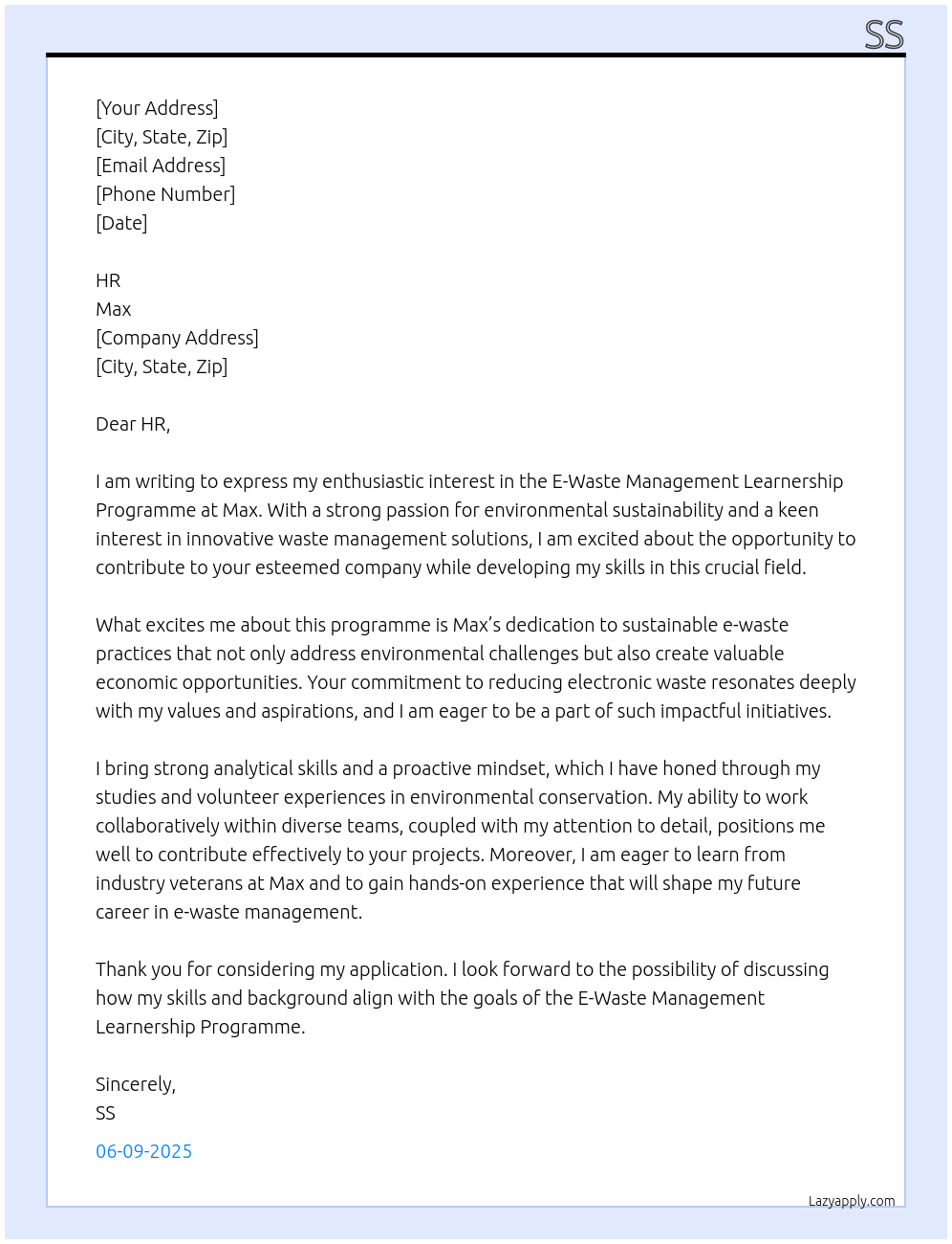 Cover letter for e-waste management learnership programme - LazyApply