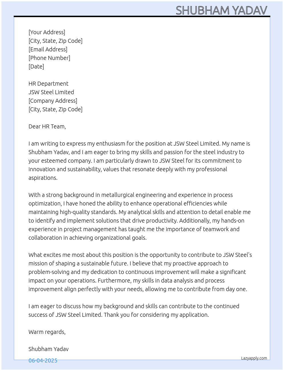 Cover letter for jsw steel limited - LazyApply