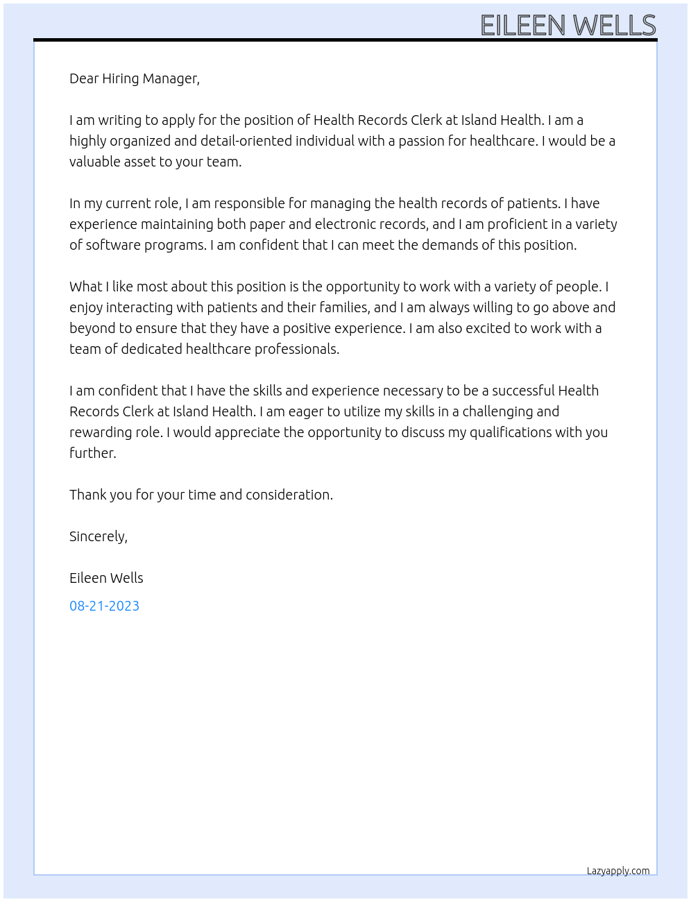 Cover letter for health records clerk - LazyApply