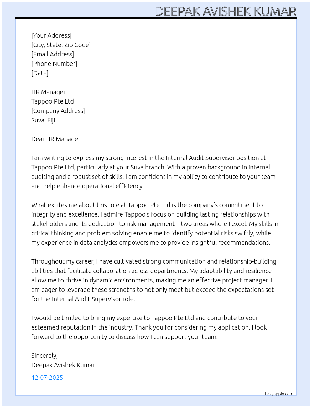 Cover letter for internal audit supervisor - LazyApply