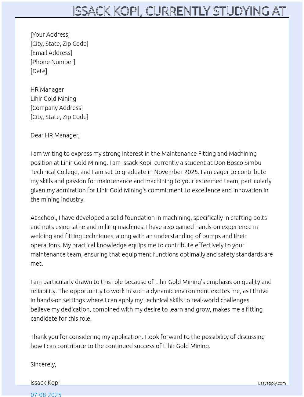 Cover letter for maintenance fitting and machining - LazyApply