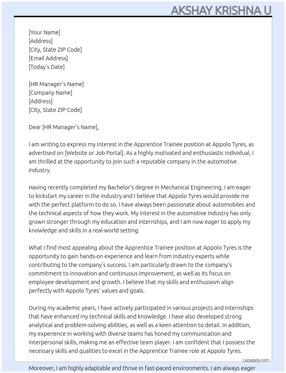 Cover letter for apprentice trainee - LazyApply